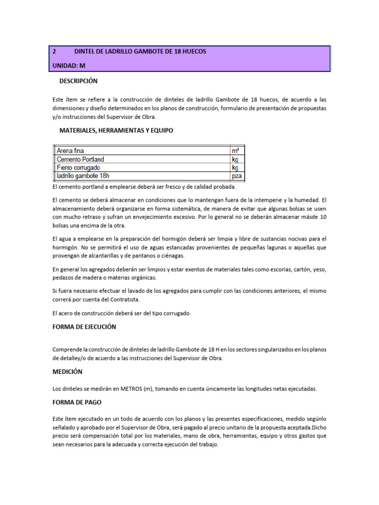 Dintel de Ladrillo Gambote 18 Huecos | PDF
