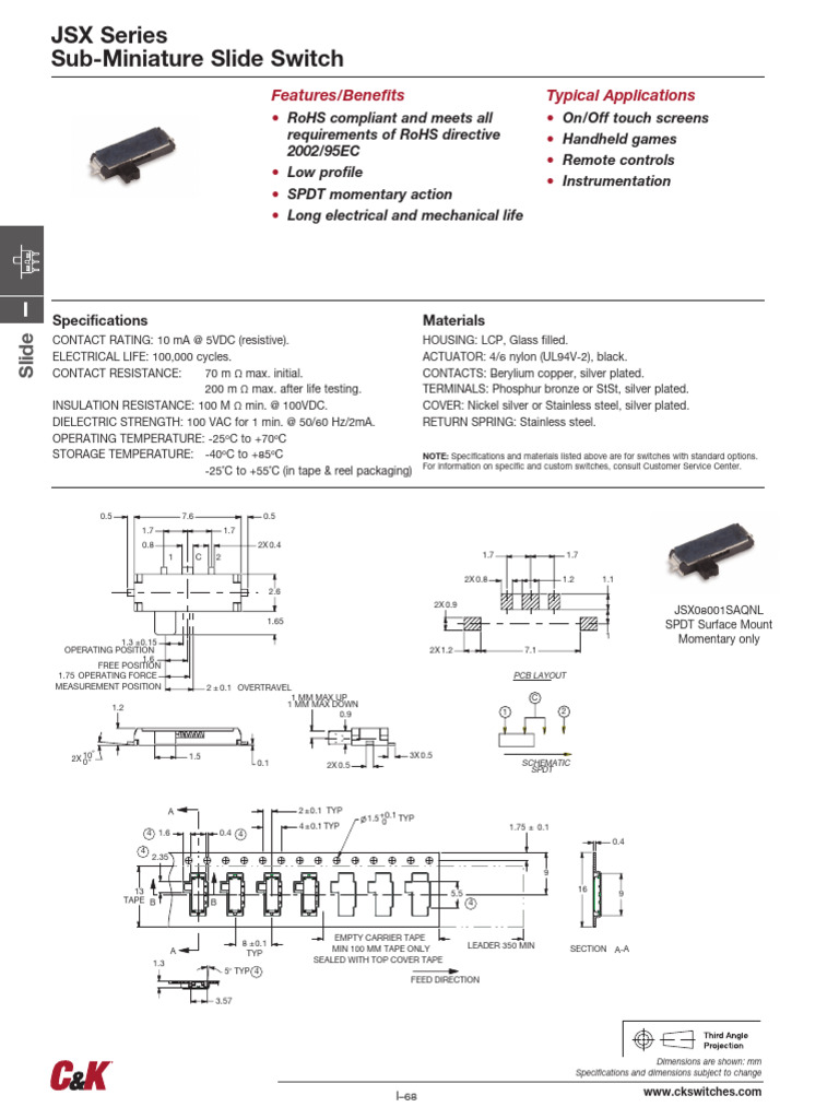 Slide Sub Miniature JSX Series | PDF | Switch | Electrical Engineering