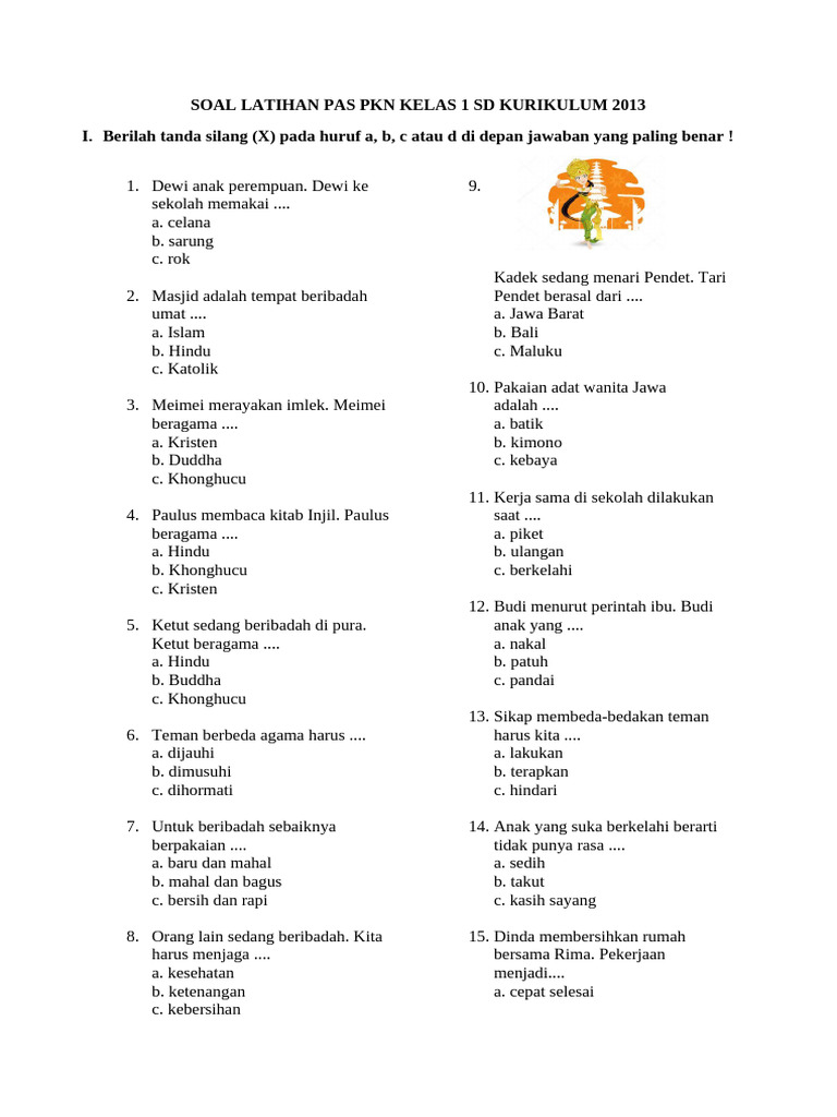 Soal Latihan Pas PKN Kelas 1 SD | PDF