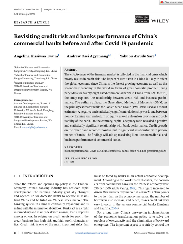 J Corp Accounting Finance 2022 Twum Revisiting Credit Risk and Banks ... J Corp Accounting Finance 2022 Twum Revisiting Credit Risk and Banks ...