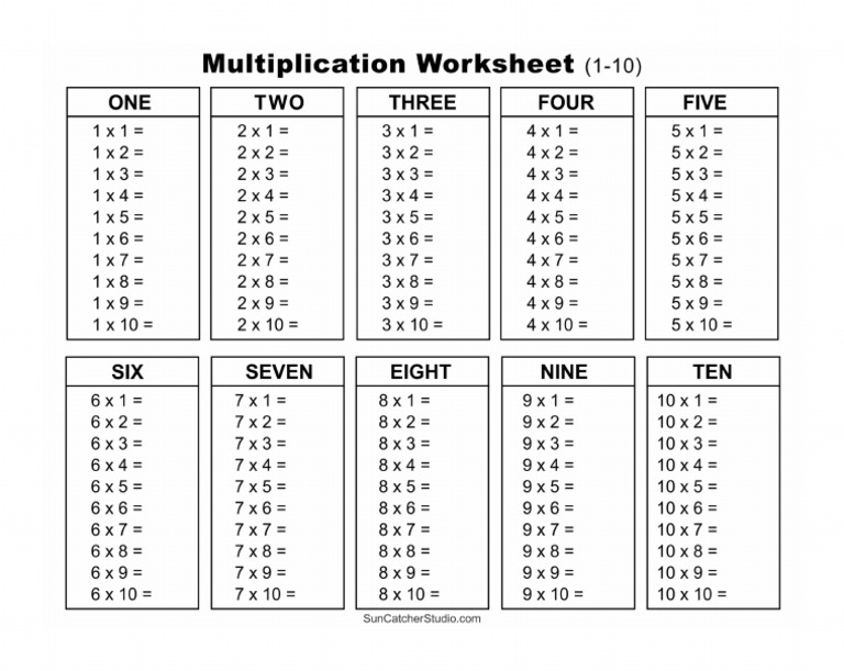 Free Printable Multiplication Worksheet Missing Answers 1 10 Landscape ...