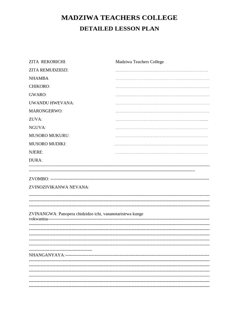 Madziwa Teachers College Lesson Plan | PDF | Games & Activities