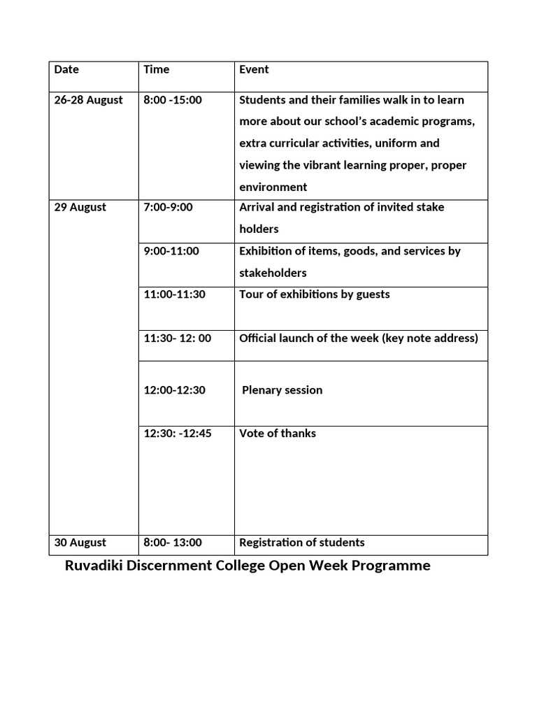 Ruvadiki Discernment College Open Week Program | PDF