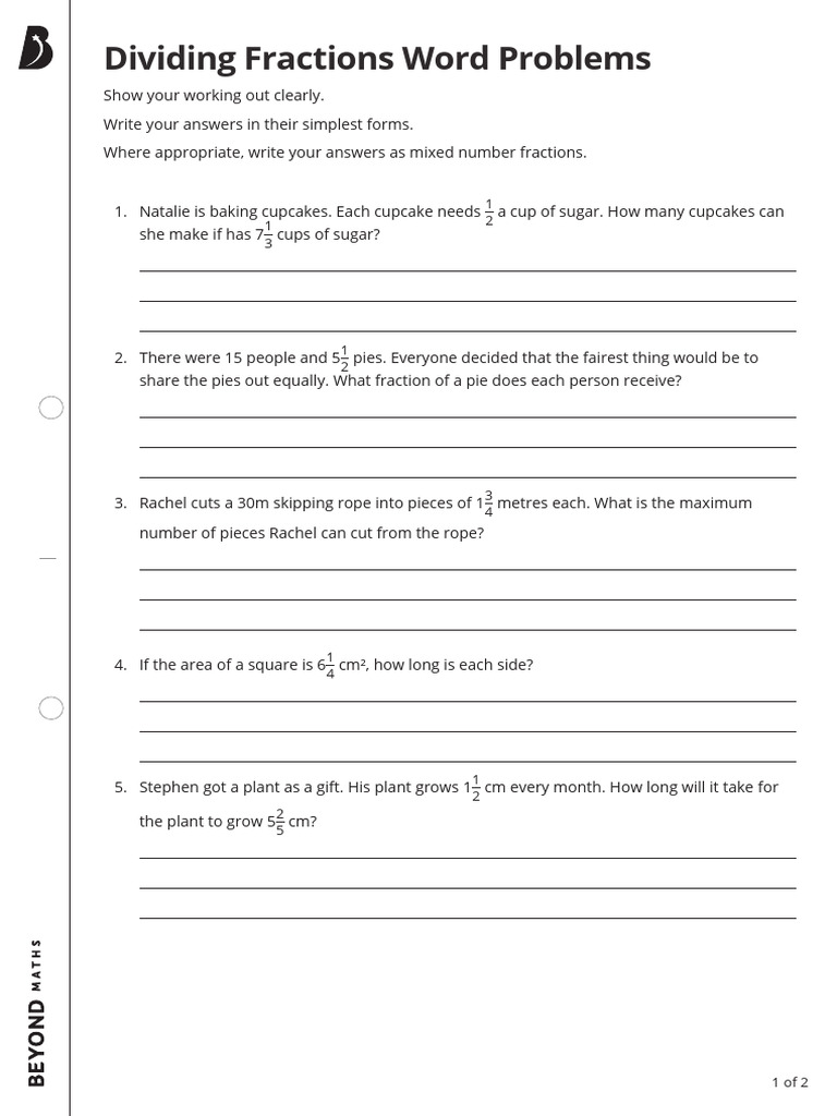 t3 M 273 Dividing Fractions Word Problems Activity Sheet - Ver - 5 ...
