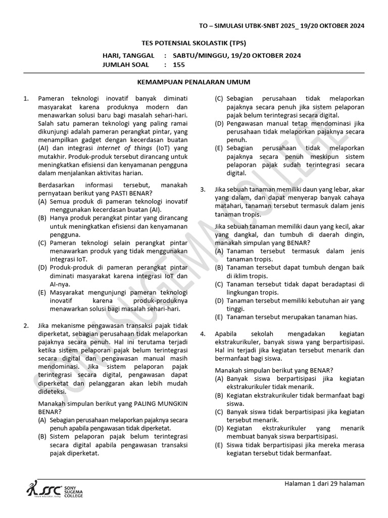 Simulasi UTBK-SNBT 2025: Tes Potensial | PDF | Bisnis | Komputer