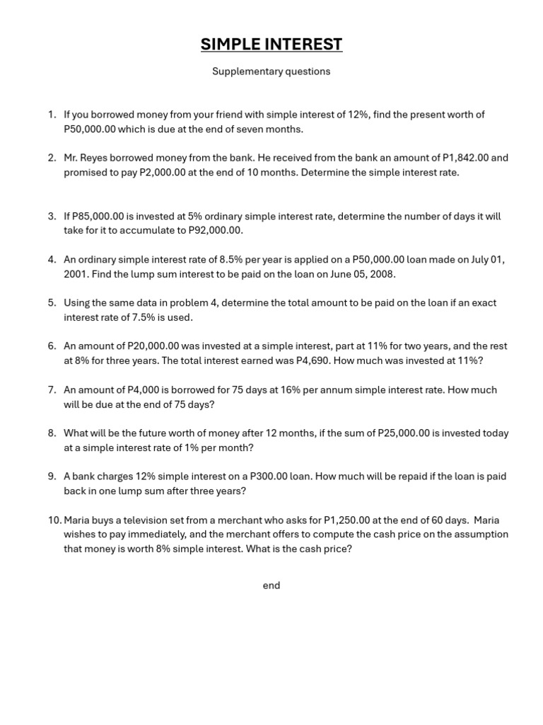 Simple Interest Supplementary Questions | PDF