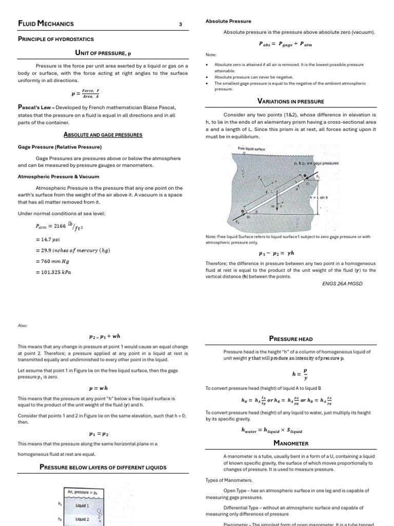 FLUID MECHANICS 3 Principle of Hydrostatics | PDF | Pressure | Pressure Measurement