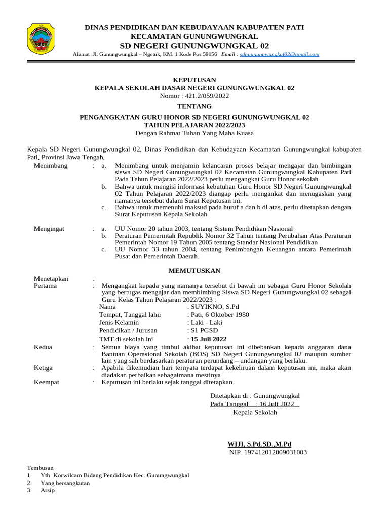 SK Pengangkatan Guru Honor SD 2023/2024 | PDF