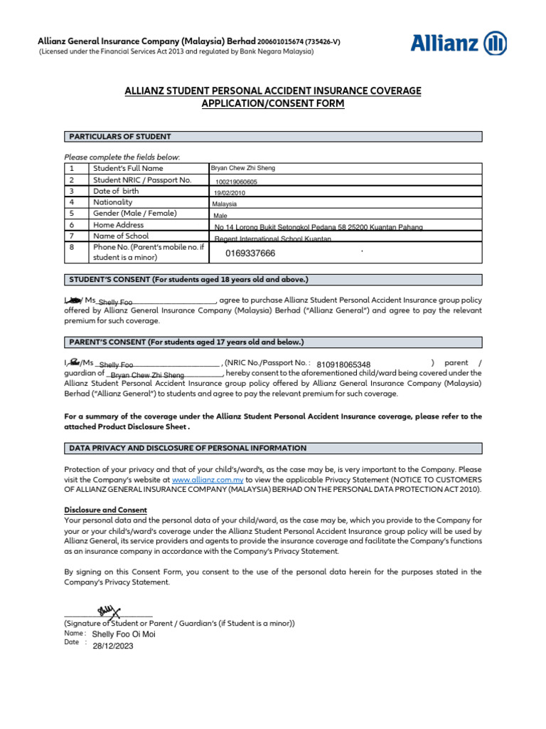 Allianz Student PA Consent Form | PDF | Insurance | Finger