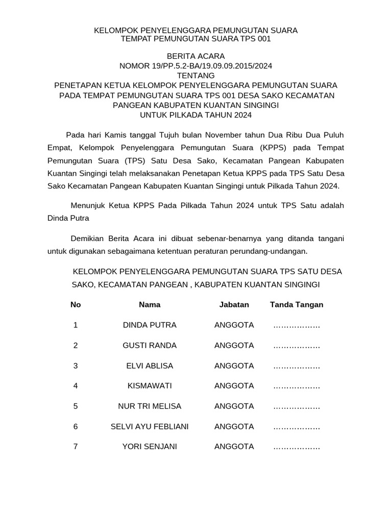 0 Ba KPPS Ketua KPPS TPS 1 | PDF