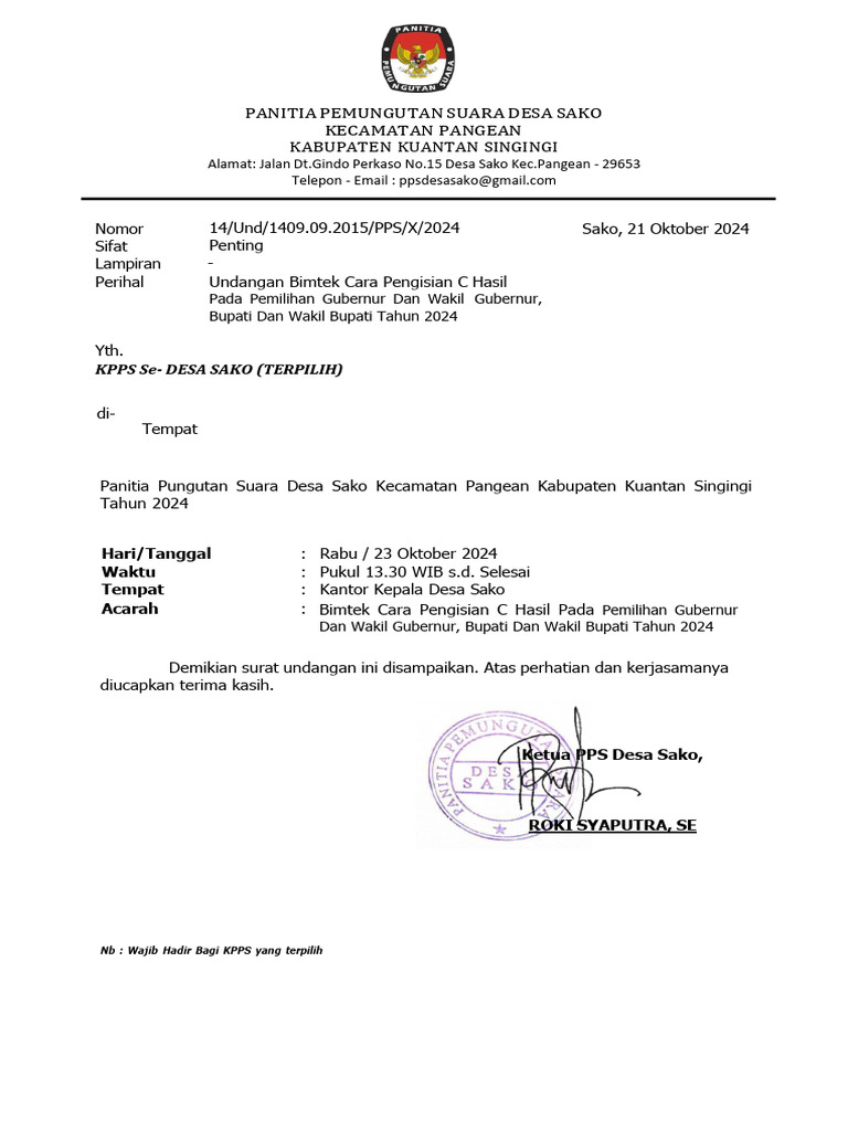 Undangan Bimtek KPPS Sako | PDF