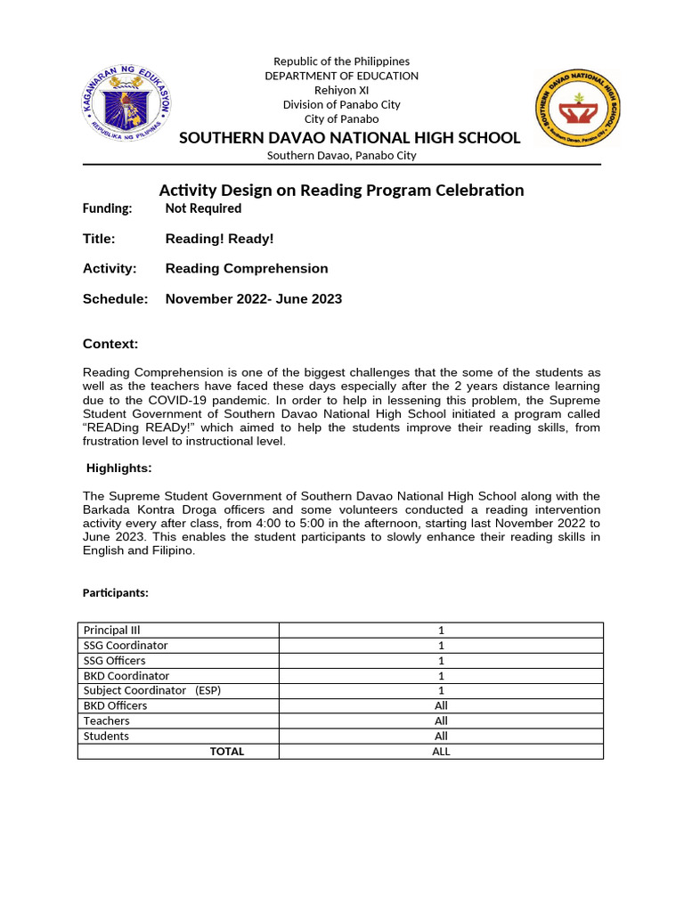 Activity Design Reading Program (Integration) | PDF | Learning | Human ...