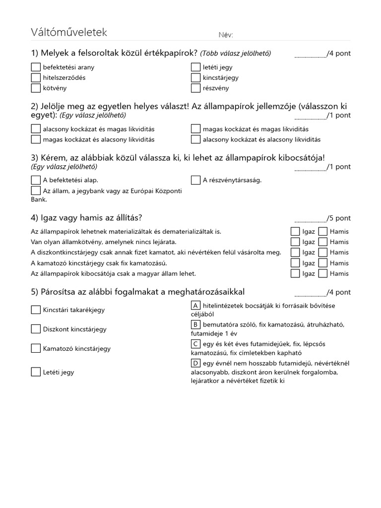 Váltóműveletek Dolgozat | PDF