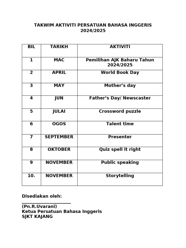 Takwim Aktiviti Persatuan Bahasa Inggeris 2024 | PDF | Seni & Disiplin ...