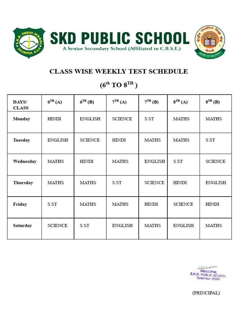 Class Wise Weekly Test Schedule (Updated) | PDF