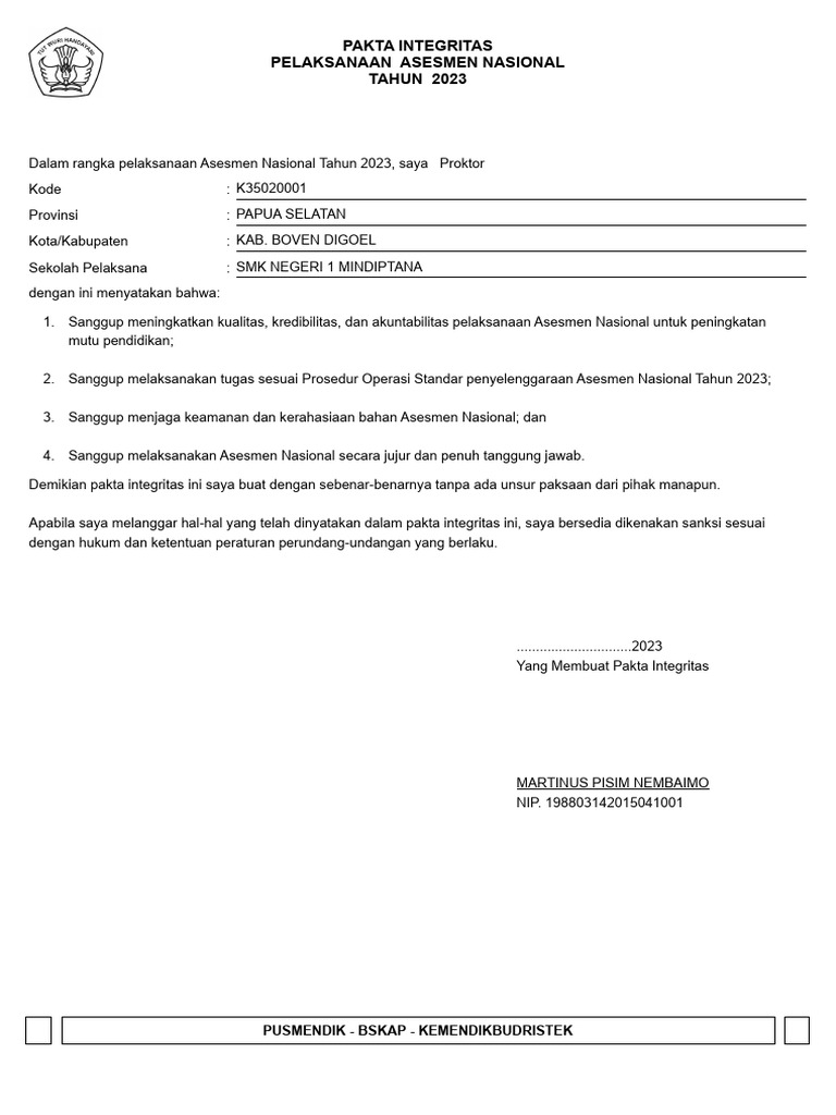 Asesmen Nasional - Tahun 2023 - Pakta Integritas Proktor | PDF