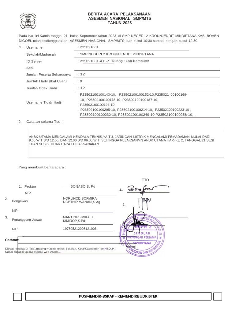 Berita Acara - PU - ANBK - Hari - 2 - Sesi - 2 | PDF