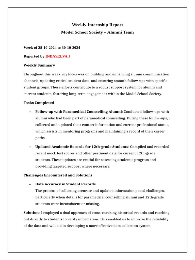Weekly Internship Report by INBASELVA 01-11-2024 | PDF | Communication ...