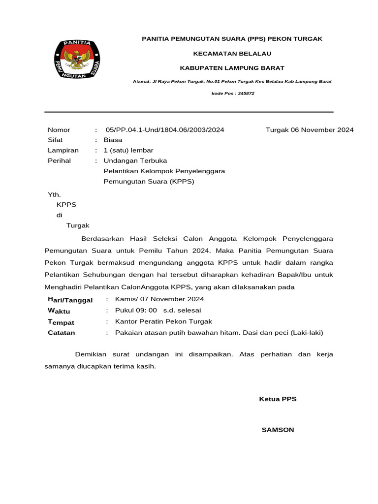 Undangan Pelantikan KPPS Turgak 2024 | PDF