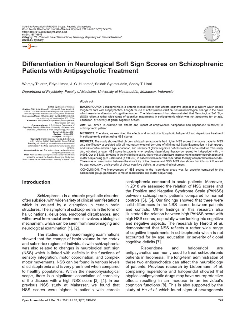 Differentiation in Neurological Soft Sign Scores On Schizophrenic Patients With Antipsychotic ...
