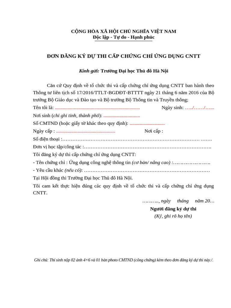 0. Mẫu đơn đăng kí dự thi chứng chỉ ứng dụng CNTT | PDF