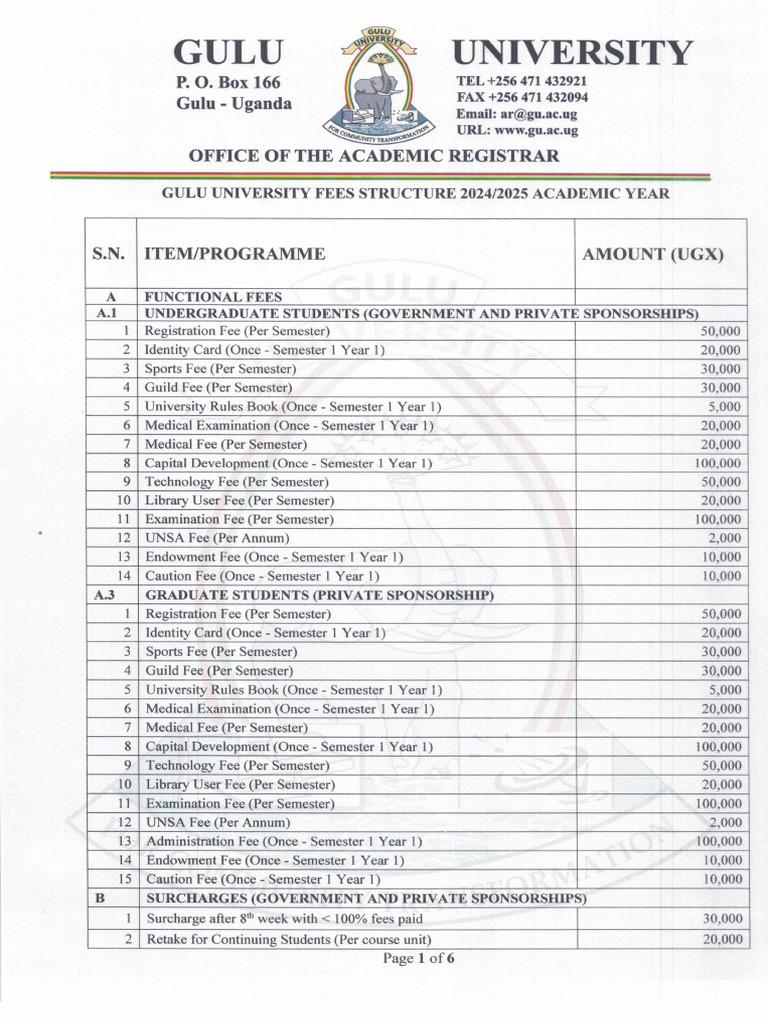 Gulu University Approved Fees Structure 2024 - 2025 Academic Year July ...
