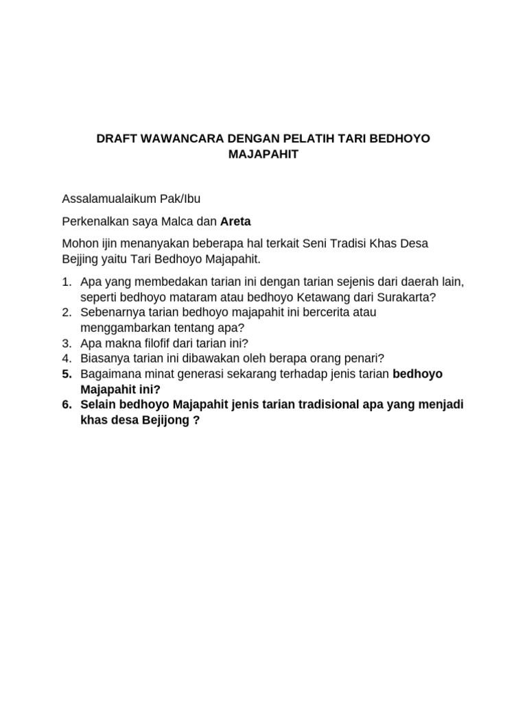 Draft Wawancara Dengan Pelatih Tari Bedhoyo Majapahit | PDF