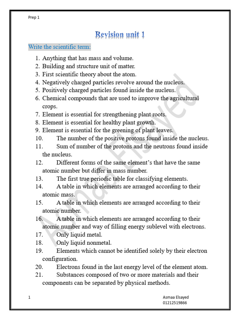 Revision Science Unit 2 Prep1 | PDF | Chemical Compounds | Chemistry