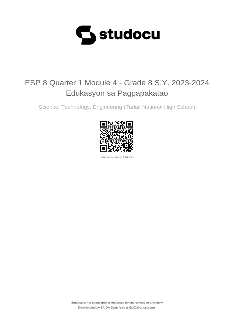 Esp 8 Quarter 1 Module 4 Grade 8 Sy 2023 2024 Edukasyon Sa Pagpapakatao | PDF