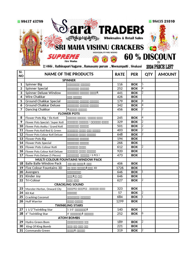 Diwali Crackers List 2024 | PDF