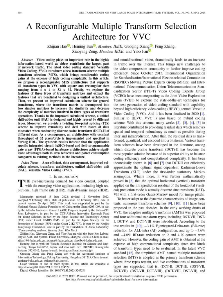 A Reconfigurable Multiple Transform Selection Architecture For VVC | PDF | Matrix (Mathematics)