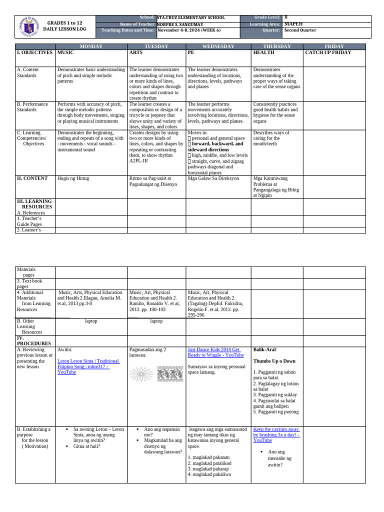 DLL - Mapeh 2 - Q2 - W7 | PDF