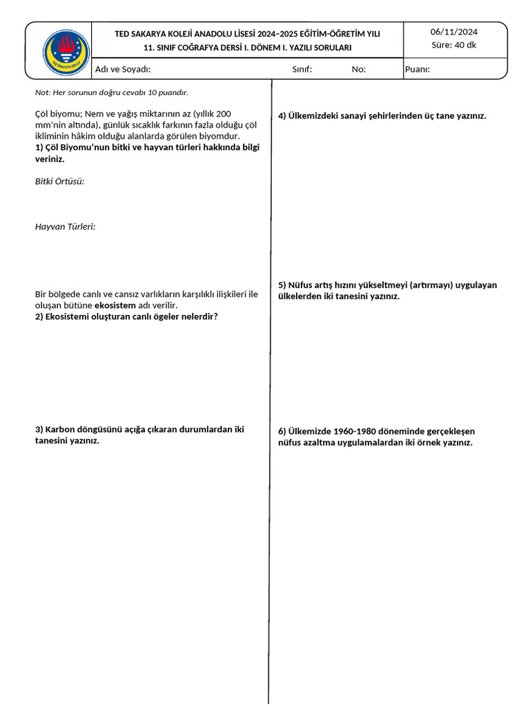 11 Sinif 1 Donem 1 Yazili 2024 2025 | PDF