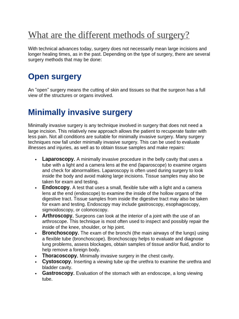 What Are The Different Methods of Surgery | PDF | Endoscopy | Surgery