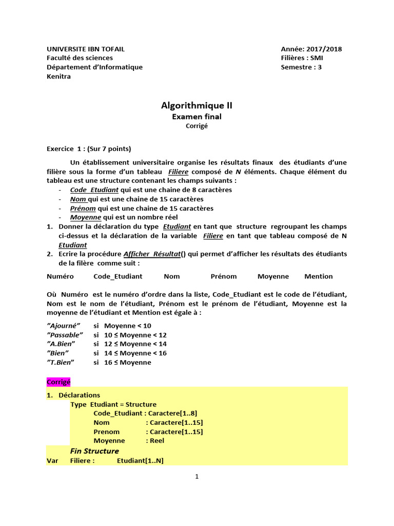 Examen Algorithme Avancé Avec Correction | PDF | Complexité temporelle | Algorithmes et ...