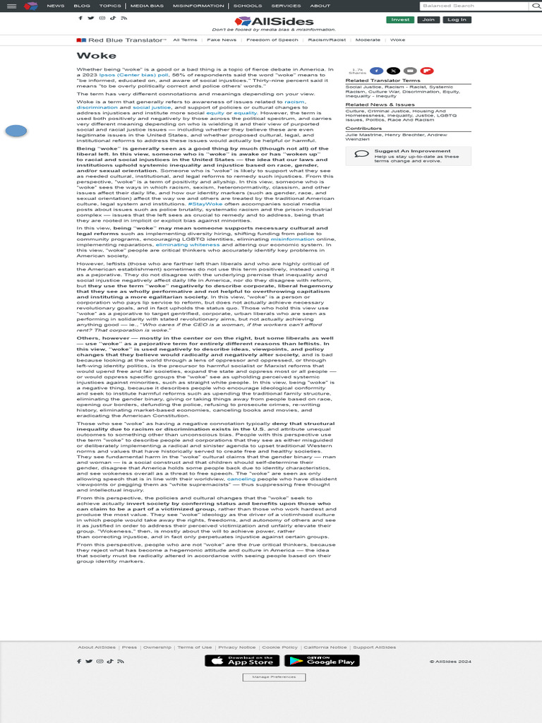 What Woke Means To Liberals and Conservatives - AllSides Red Blue Translator | PDF ...