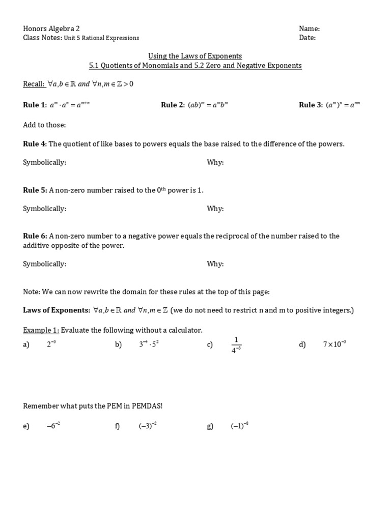 HA2 - 5.1 Quotients of Monomials and 5.2 Zero and Zegative Exponents | PDF | Exponentiation ...