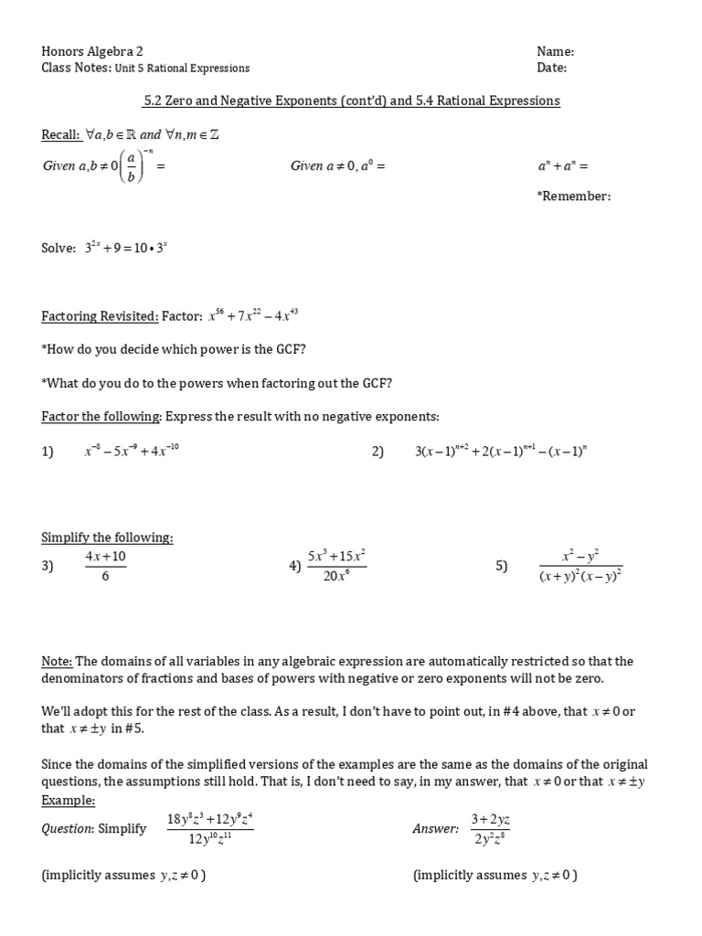 Unit 5: Rational Expressions & Exponents | PDF | Elementary Mathematics ...