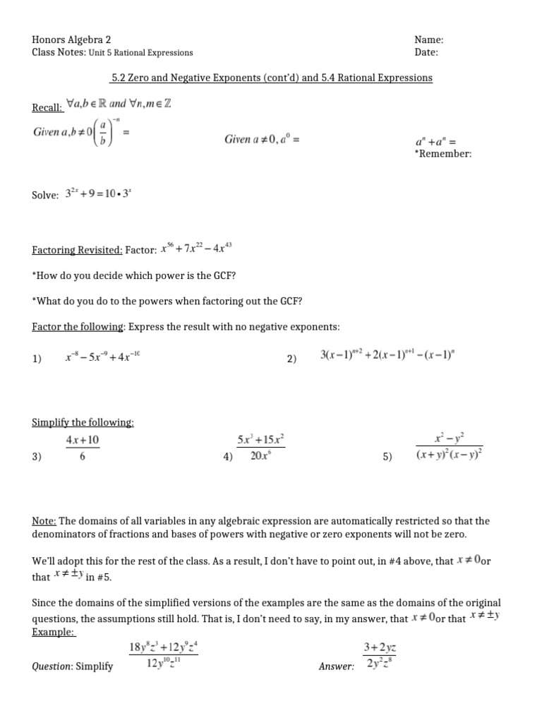 HA2 - 5.2 Zero and Zegative Exponents and 5.4 - Rational Expressions | PDF | Language Arts ...