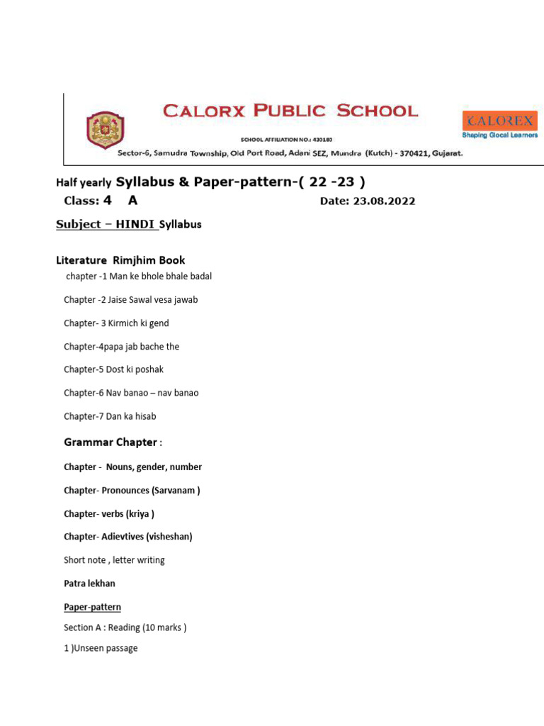 Class 4 A - All Subject 'S Syllabus and Paper Pattern 22-23. | PDF ...