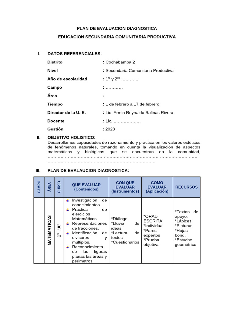 Plan de Evaluacion Diagnostica 2023 | PDF | Evaluación