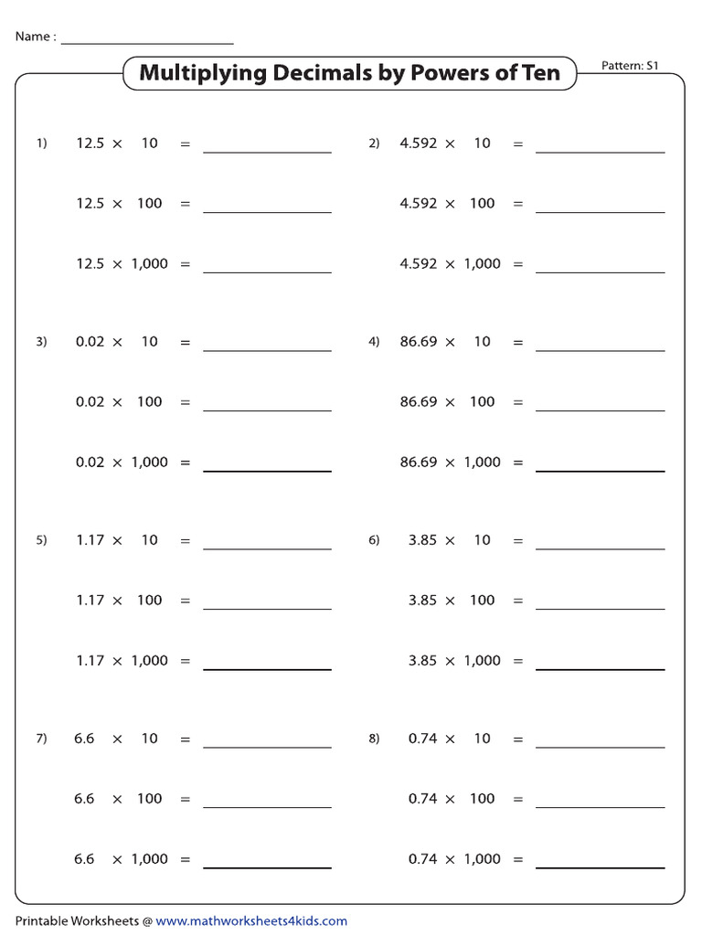 Decimals - Multiplication Powers of Ten - Tens Hundreds Thousands All | PDF