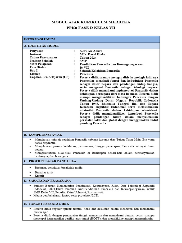 Modul Ajar PPKN 7 Sem. 1 Bab 1 | PDF
