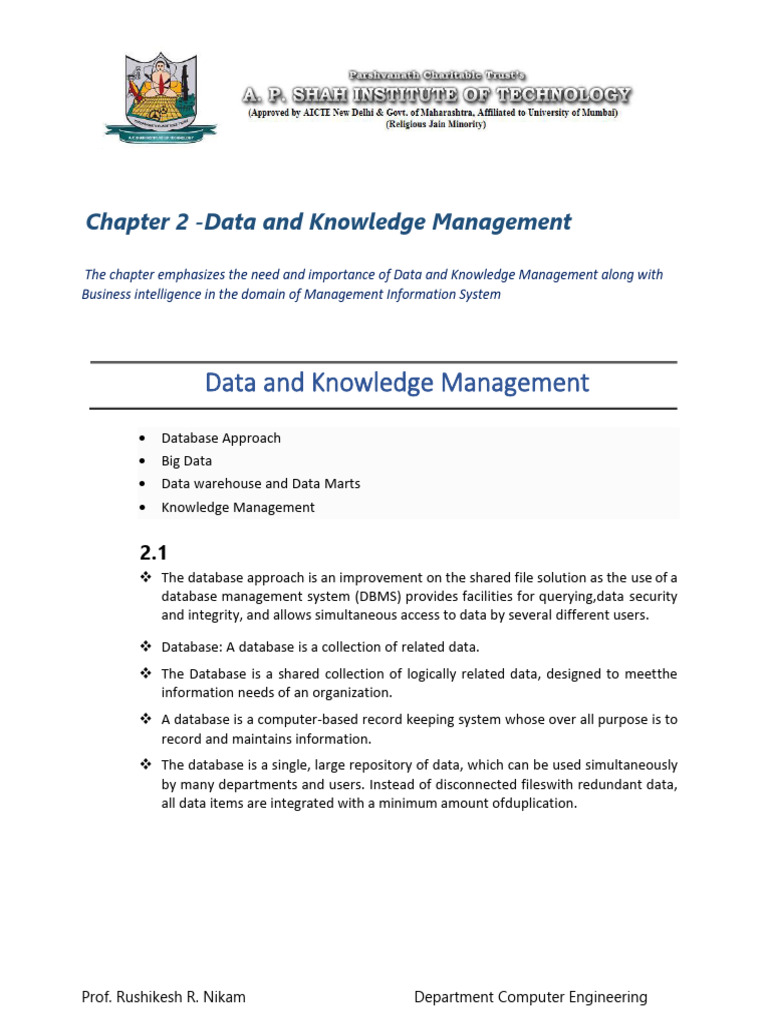 Chapter 2 Data And Knowledge Management Notes Pdf Data Warehouse