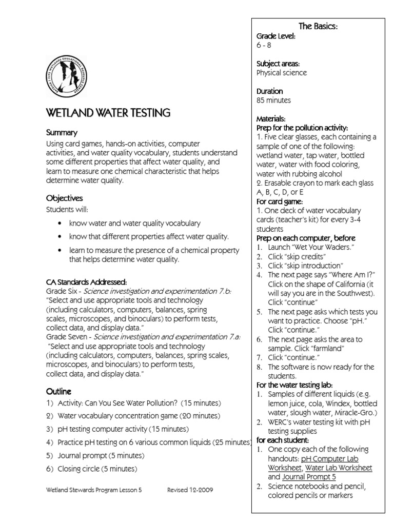 Lesson 5 Wetland Water Testing | PDF | Water Pollution | Water