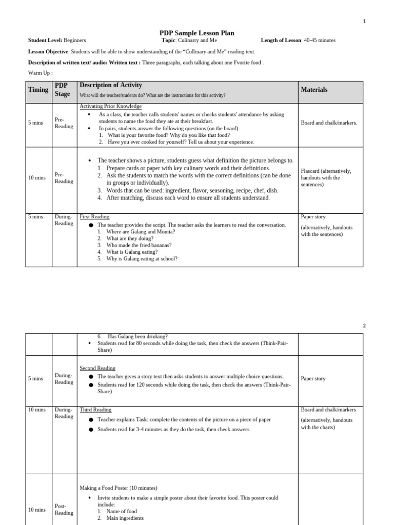 PDP Sample Lesson Plan | PDF | Foods | Cuisine