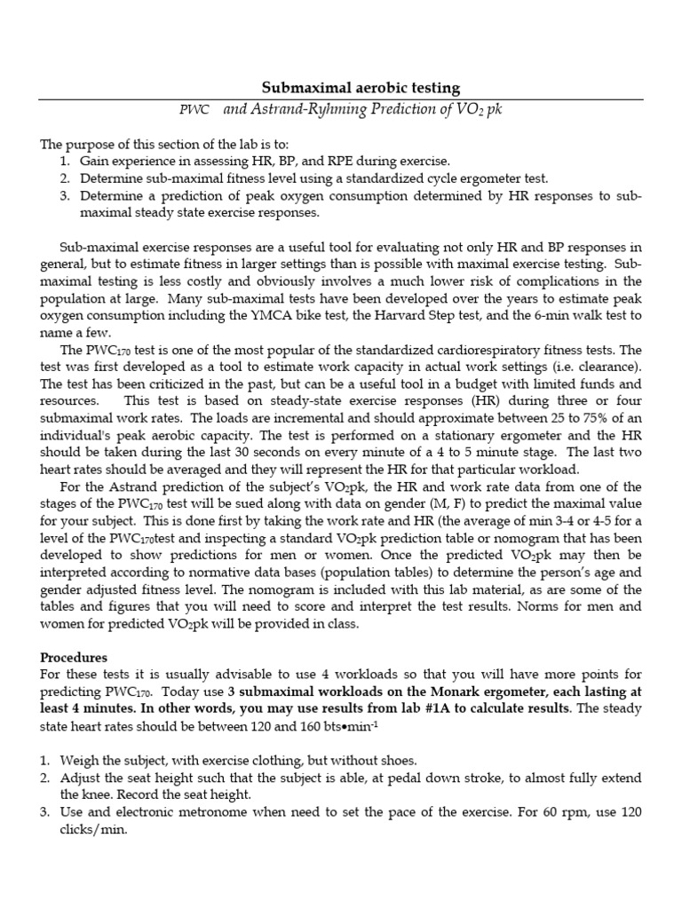 3-Stage Submax Treadmill Test PWC170 in Astrand-Ryhming | PDF | Science ...