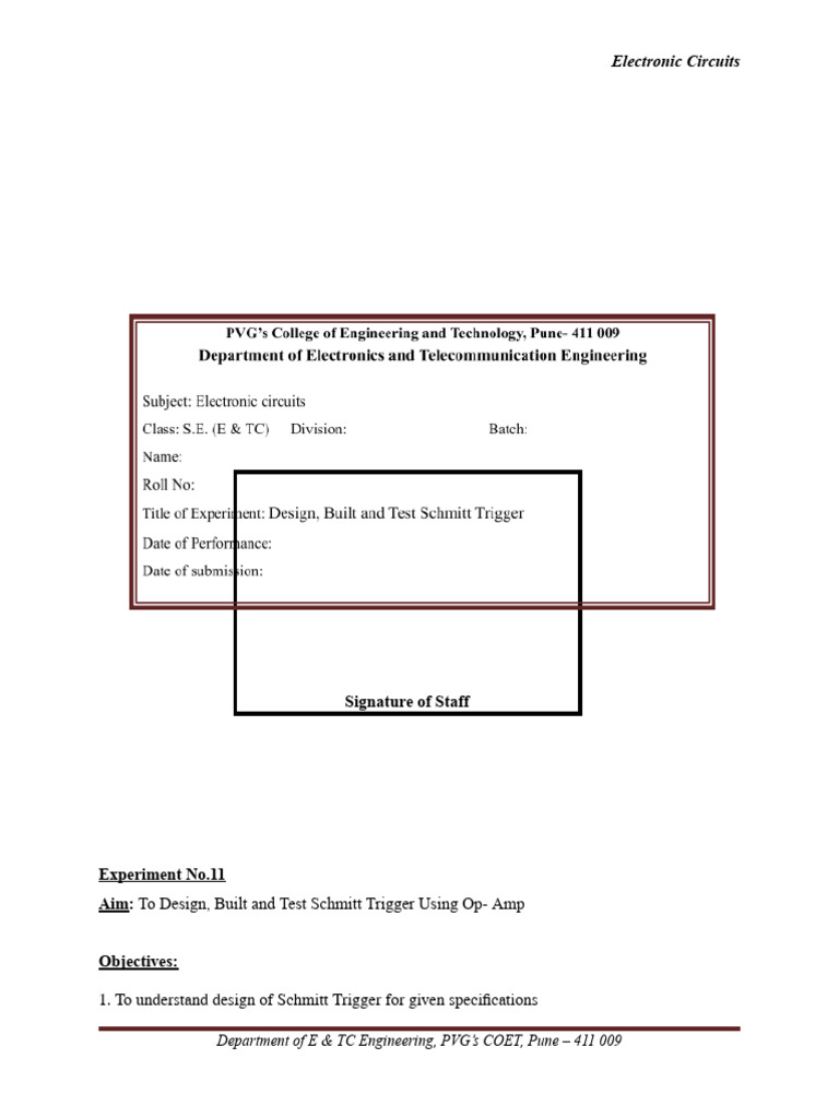 Experiment No 11 - Schmitt Trigger | PDF | Operational Amplifier | Electrical Engineering
