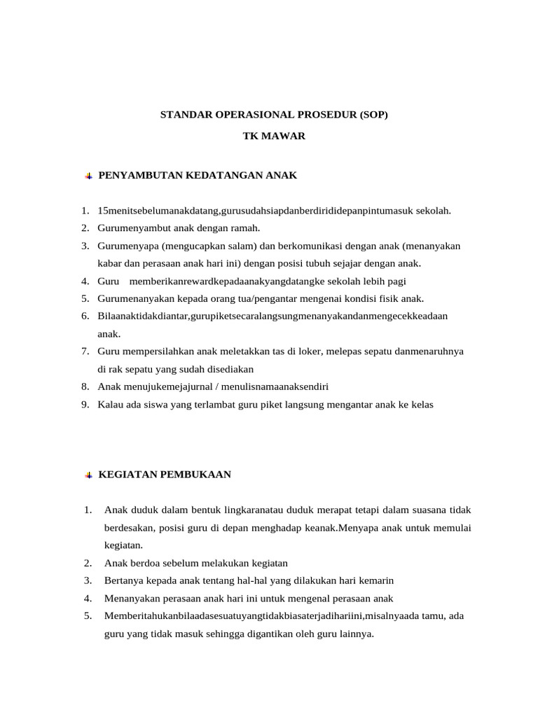 Standar Operasional Prosedur (Sop) TK Mawar | PDF