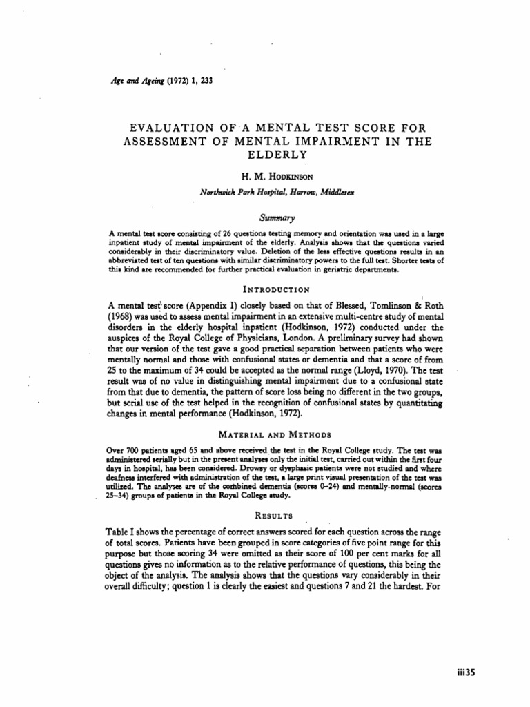 Abbreviated Mental Test Score - Članek Hodkinson - 1972 | PDF | Lifestyle